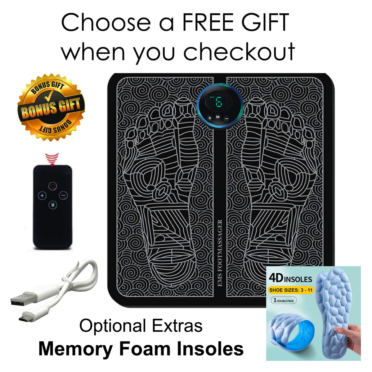 EMS Foot Massage Pad with Choice of 4D Memory Foam Insoles – Clear Crystal